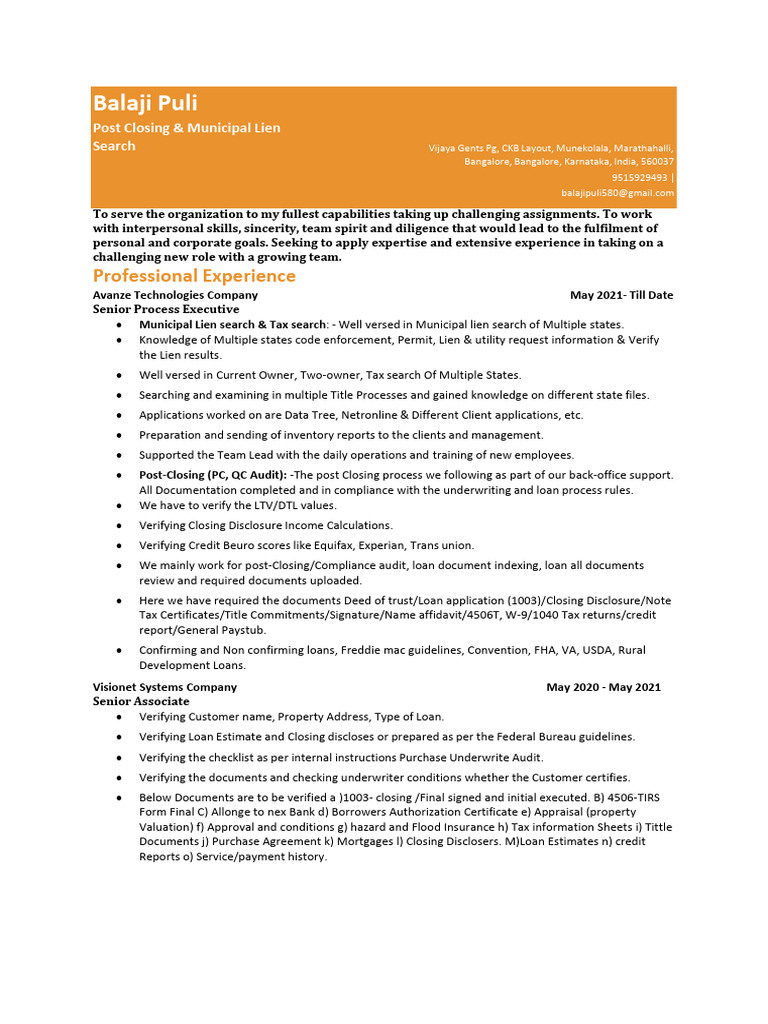 Balaji Puli Updated Resume | PDF | Loans | Financial Services