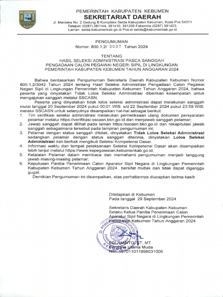 Hasil Seleksi PNS Kebumen 2024 | PDF