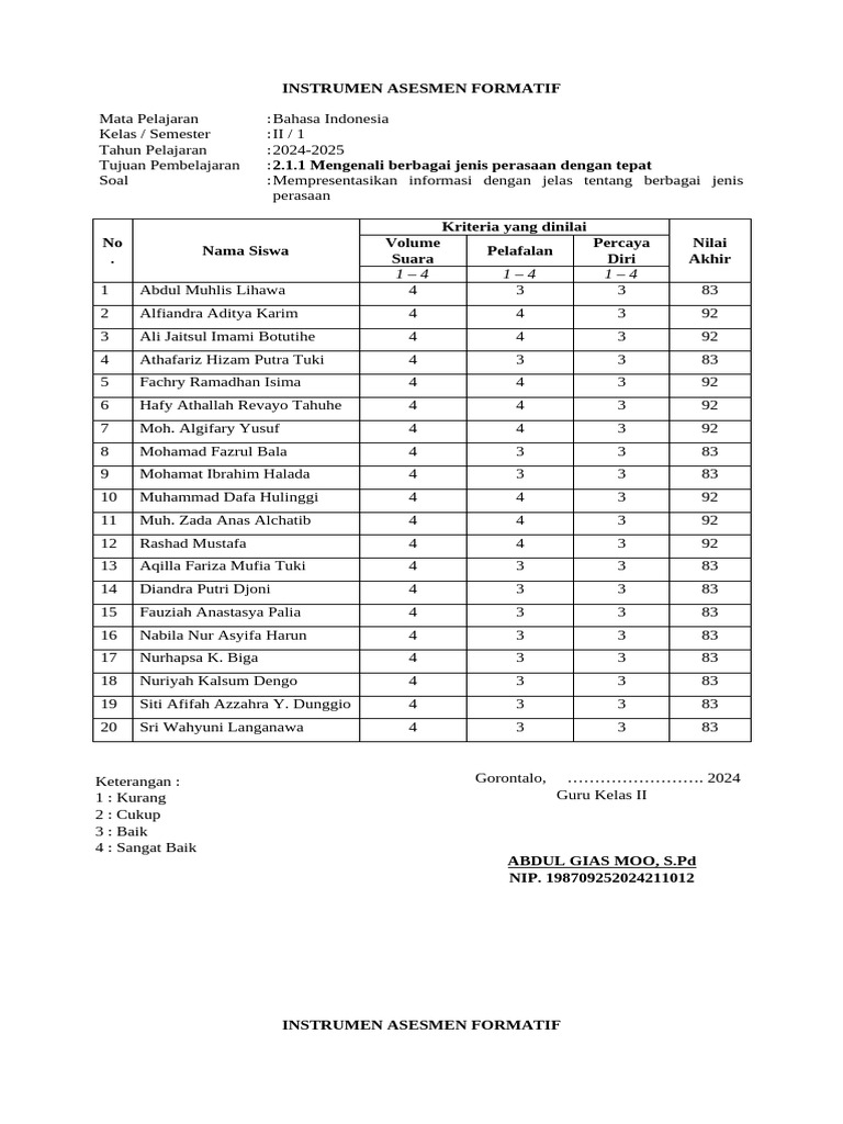 Instrumen Asesmen Formatif Sem 1 T.P 2024-2025 Bahasa Indonesia | PDF