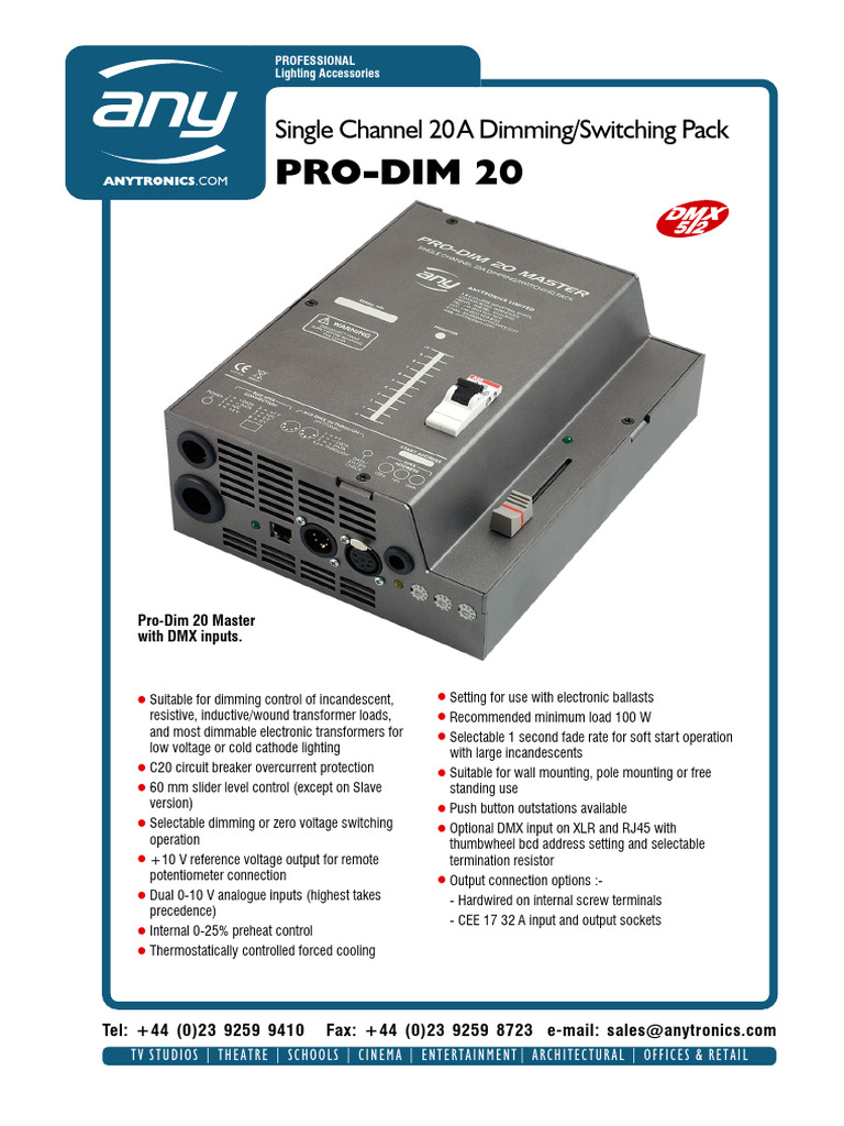 Anytronics PRO-DIM 20 Master Single Channel 20A Dimming/Switching Pack ...
