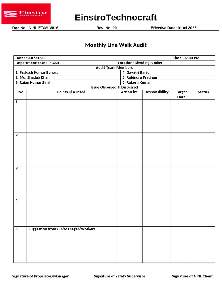 16 Monthly Line Walk Audit | PDF