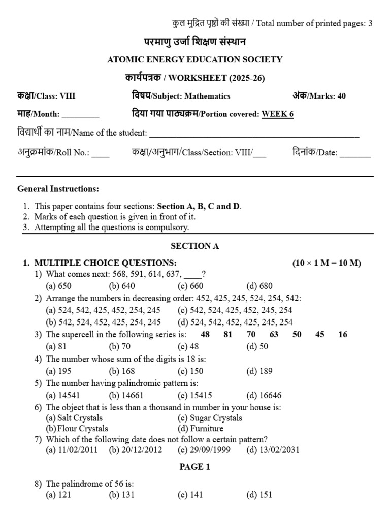 Class 8 Mathematics Worksheet | PDF | Arithmetic | Elementary Mathematics