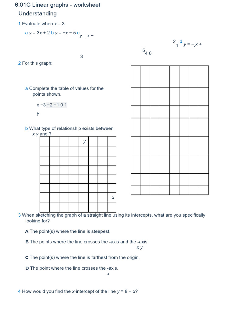 6.01C Linear Graphs - Worksheet | PDF | Equations | Mathematical Concepts