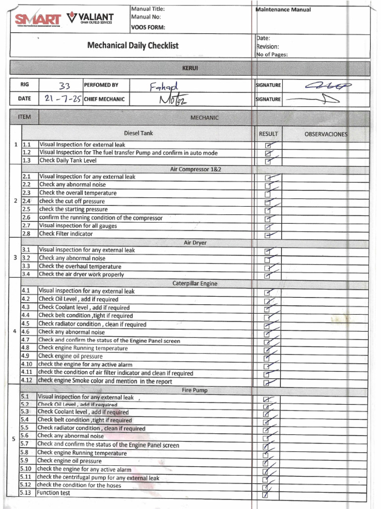Mechanic Daily Checklist 21.07.2025 | PDF