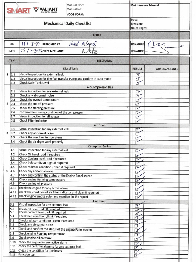 Mechanic Daily Checklist 22.07.2025 | PDF