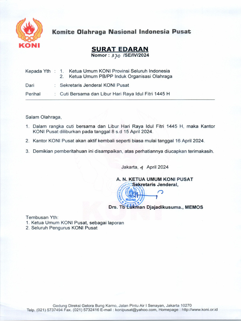 370-Edaran Cuti Bersama-Anggota KONI | PDF