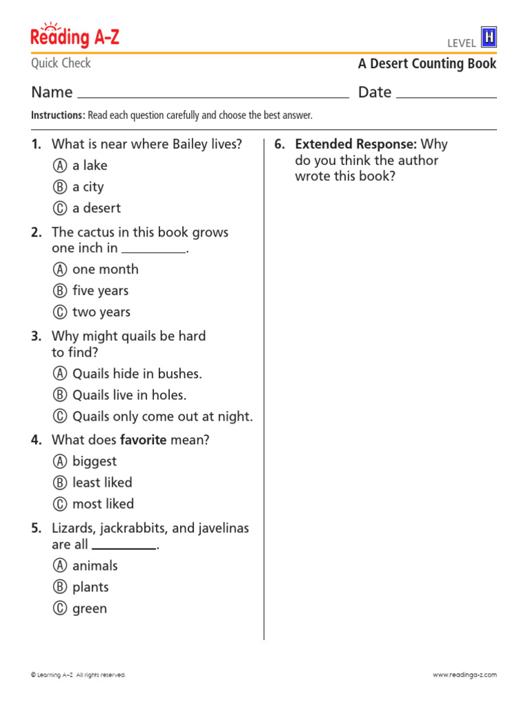 Desert Counting Book Quick Check | PDF
