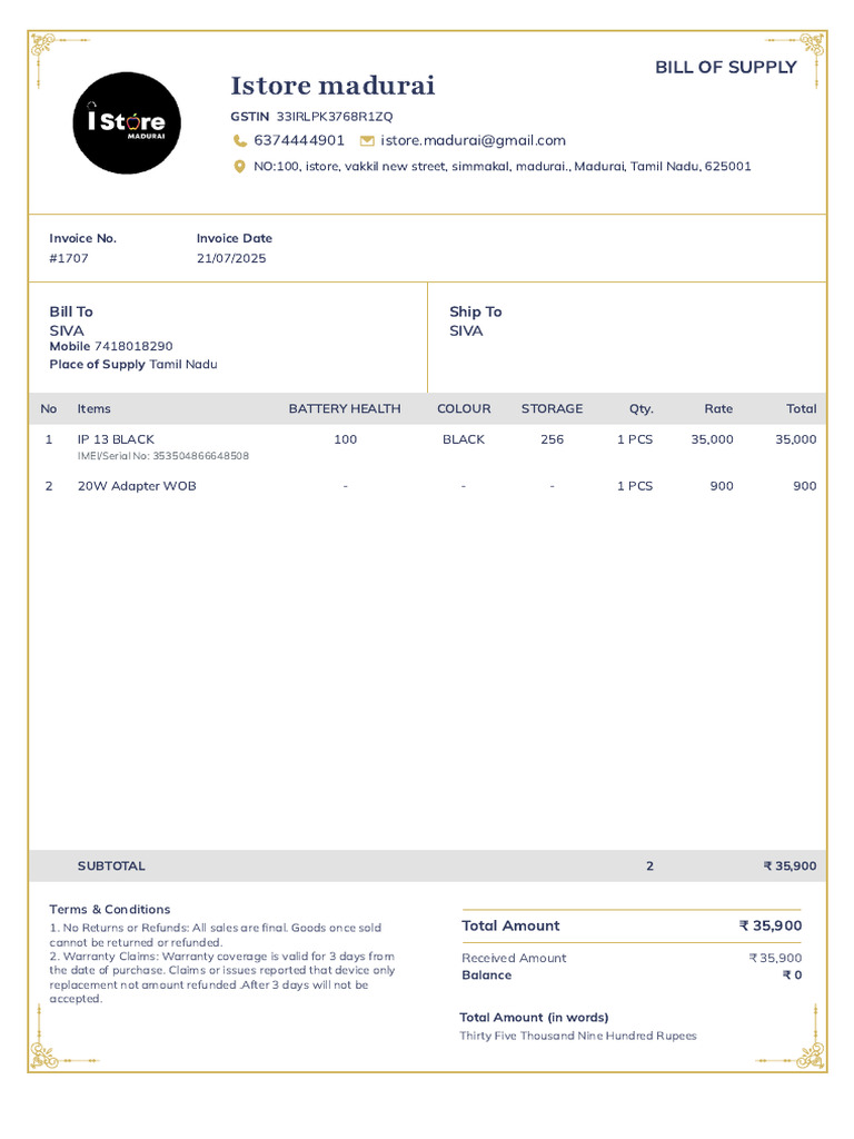 Istore Madurai Invoice #1707 | PDF