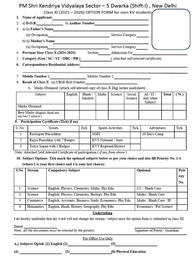 Class XI Option Form Own KV Students Only KVDS5 Shift - I 2025-26 | PDF