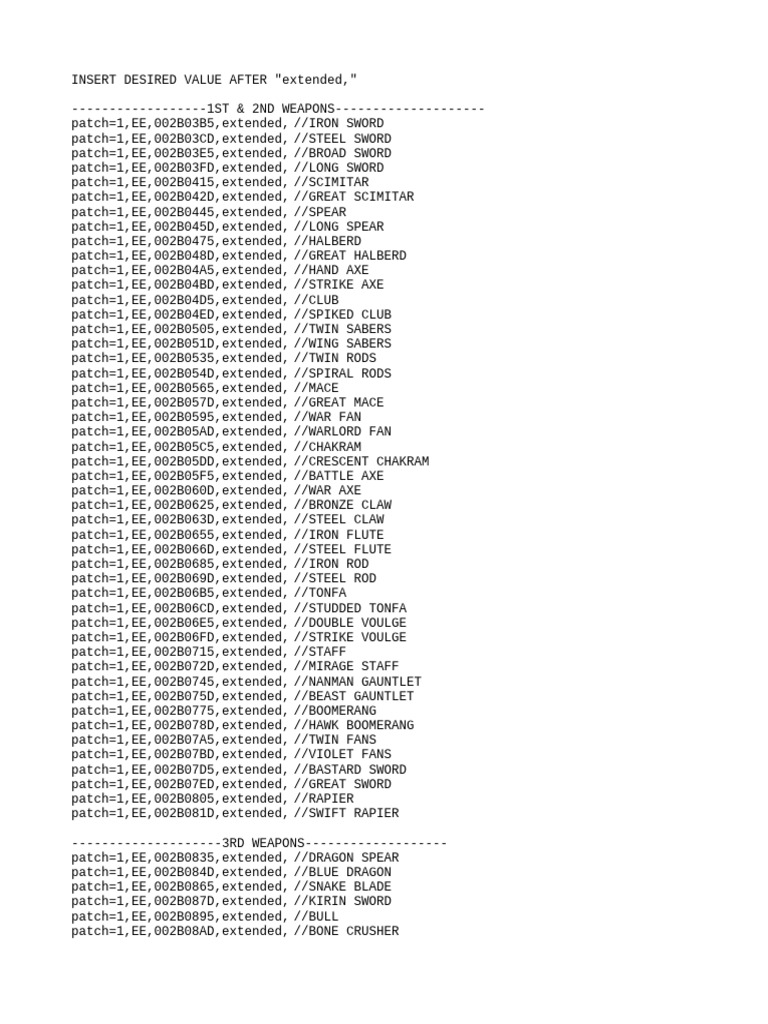 Extended Weapon Codes List | PDF | Spear