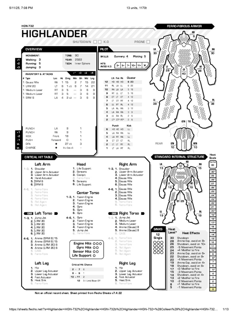 BattleTech Record Sheets (Flechs): Highlander | PDF | Limbs (Anatomy)