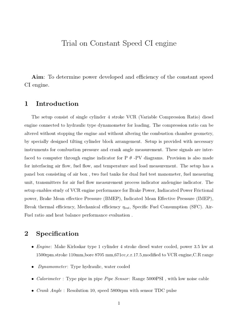 Write Up - Trial On VCR Single Cylinder CI Engine | PDF | Engines ...