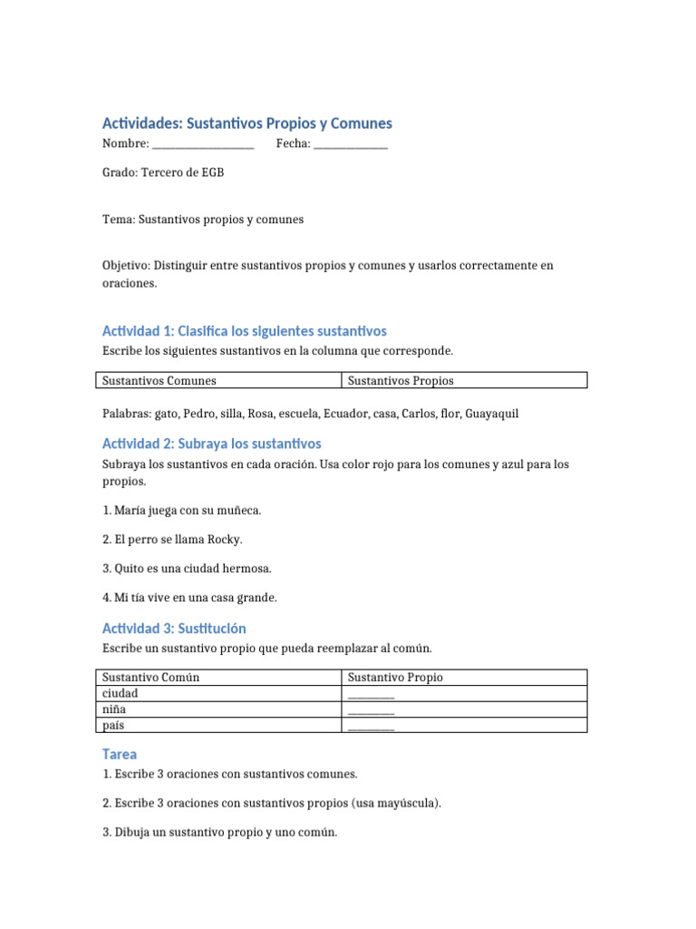 Actividades de Sustantivos Propios y Comunes | PDF