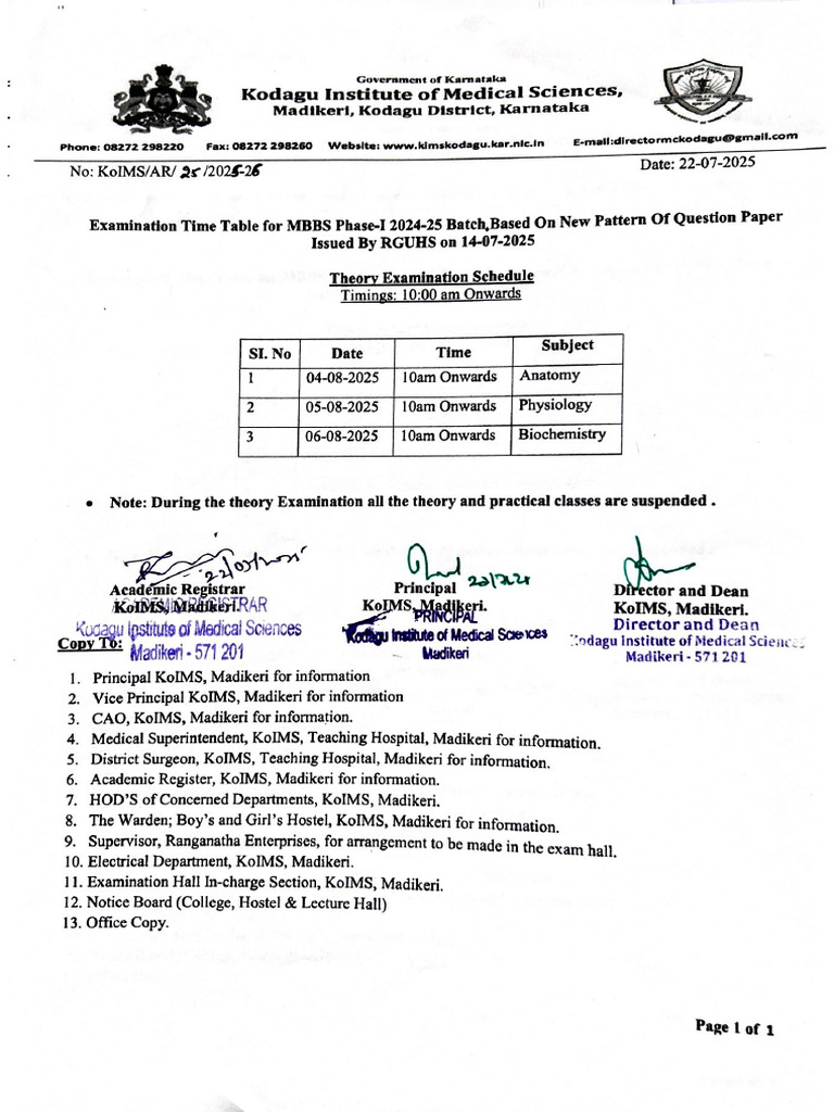 Examination Time Table For MBBS Phase-I 2024-25 Batch Based On New ...