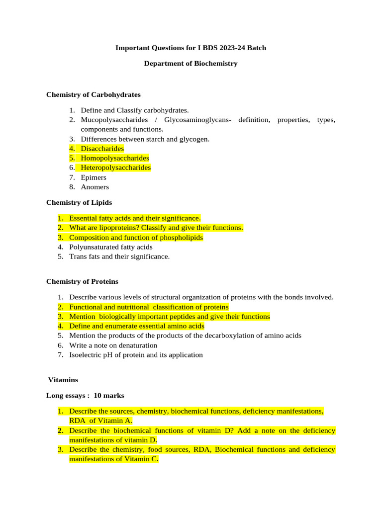 Important Questions For I BDS 2024-25 Batch | PDF | Biochemistry | Chemistry
