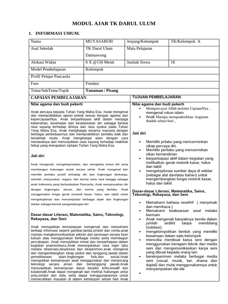 Modul Ajar TK: Pembelajaran Pisang | PDF