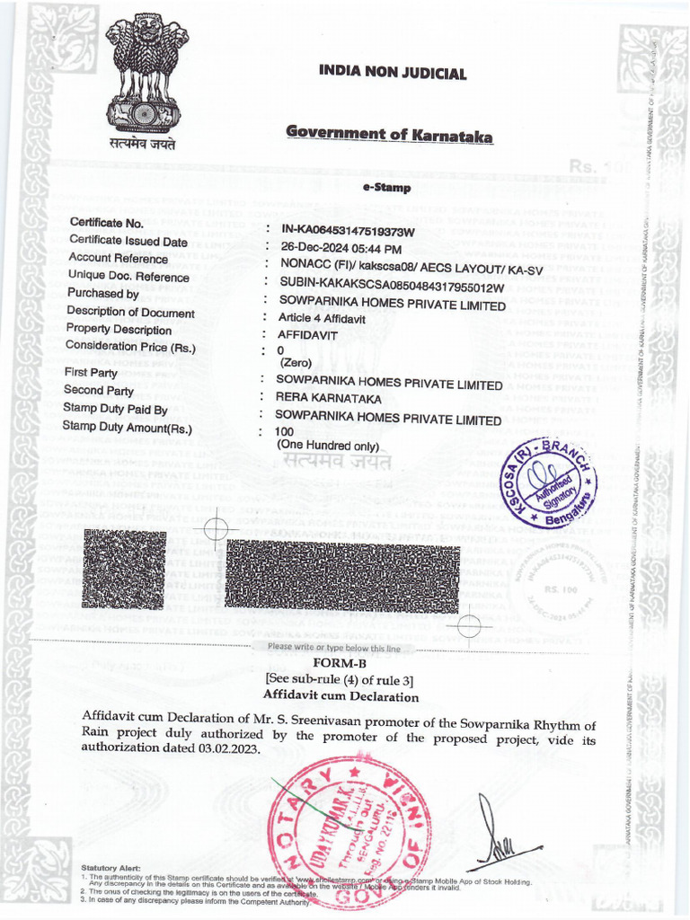 Sowparnika Rhythm of Rain RERA Form B Affidavit | PDF
