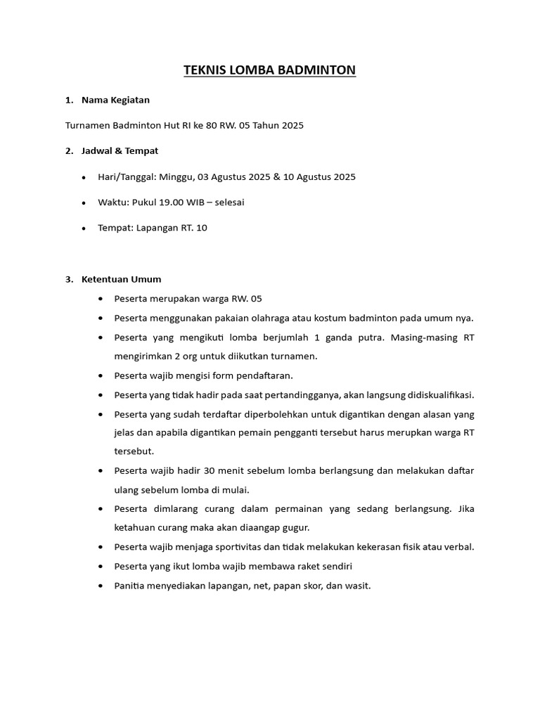 Lomba Badminton RW 05 2025: Ketentuan dan Hadiah | PDF