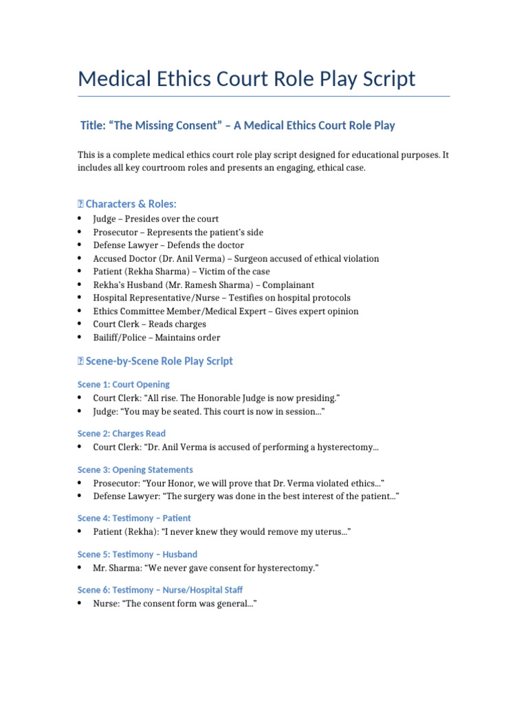Medical Ethics Court Role Play | PDF