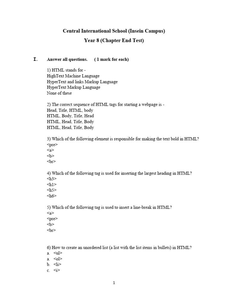 ICT Year 8 ChapterEndTest | PDF | Html | Html Element