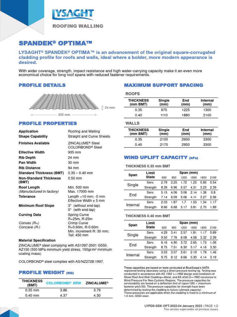 Lysaght Spandek Optima Specifications | PDF | Strength Of Materials | Screw