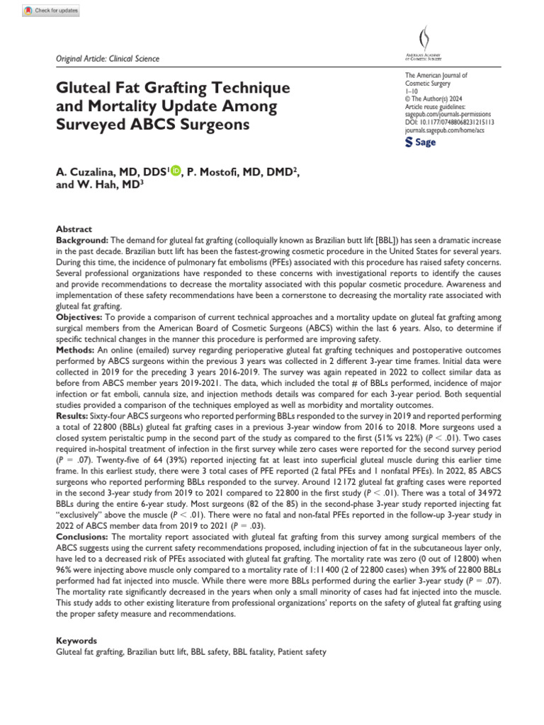 Cuzalina Et Al 2024 Gluteal Fat Grafting Technique and Mortality Update ...