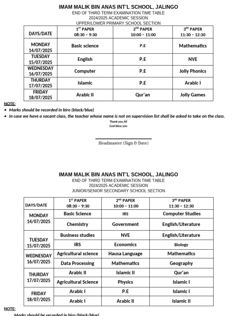 2025 Third Term Exam Time Table | PDF