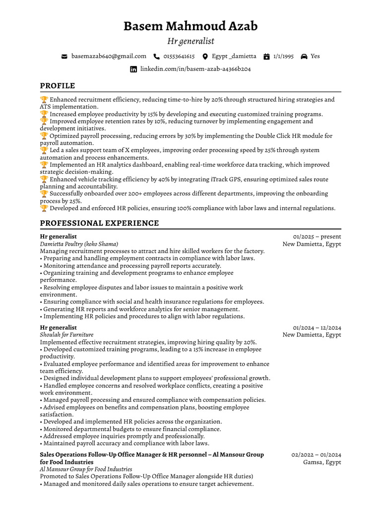 Basem Azab: HR Generalist Profile | PDF | Human Resources | Employment