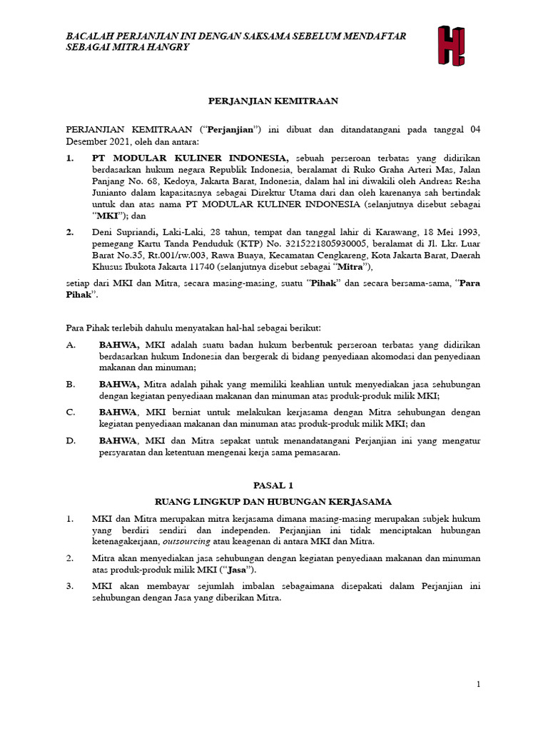Perjanjian Kemitraan - Deni Supriandi | PDF