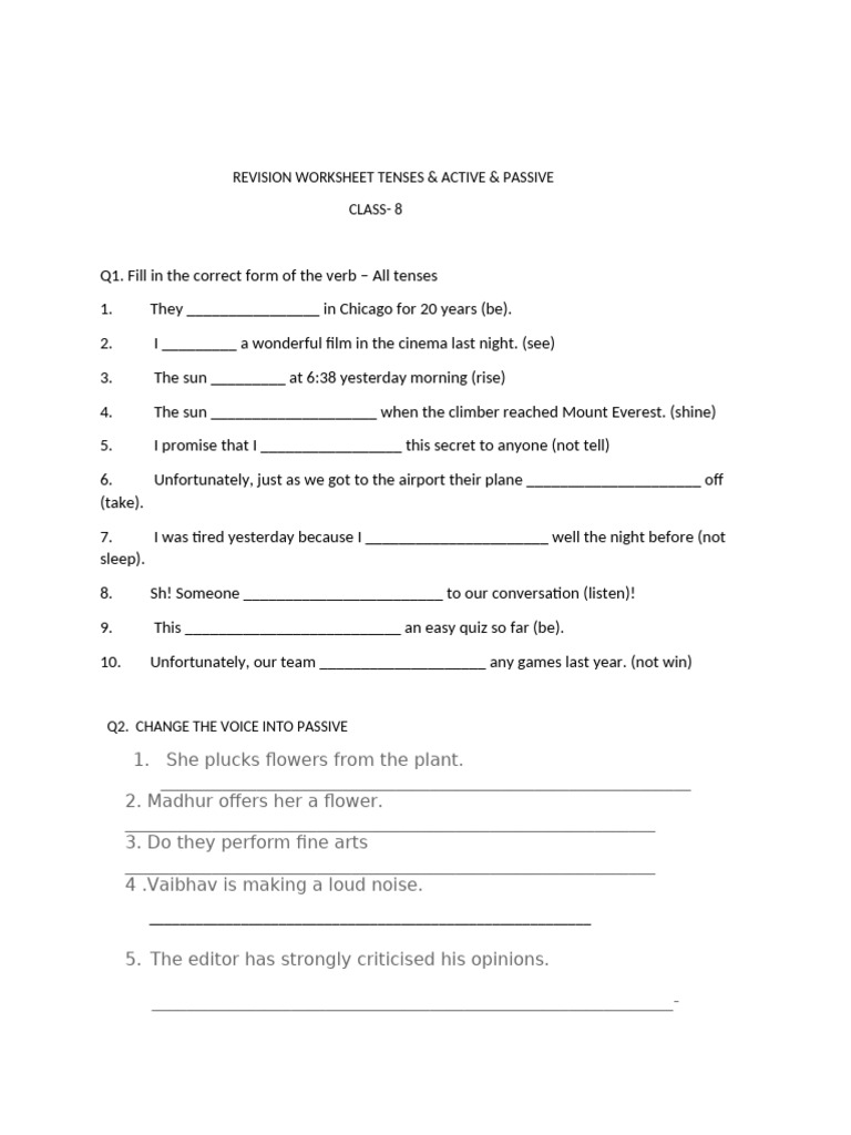 Revision Worksheet Tenses, Active & Passive Voice | PDF | Pasta