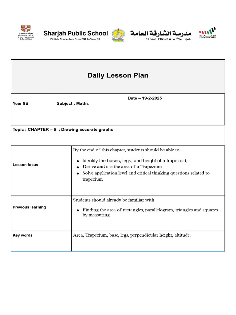 Area of Trapezium Lesson Plan | PDF | Area | Learning