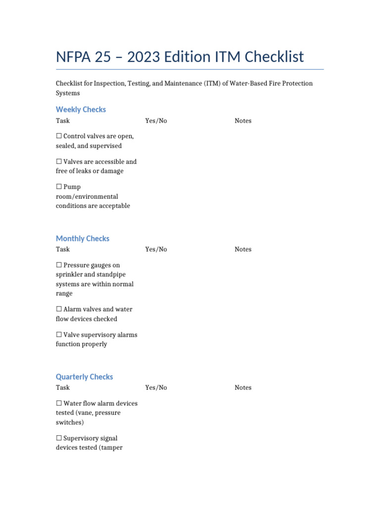 NFPA 25 2023 ITM Checklist Guide | PDF