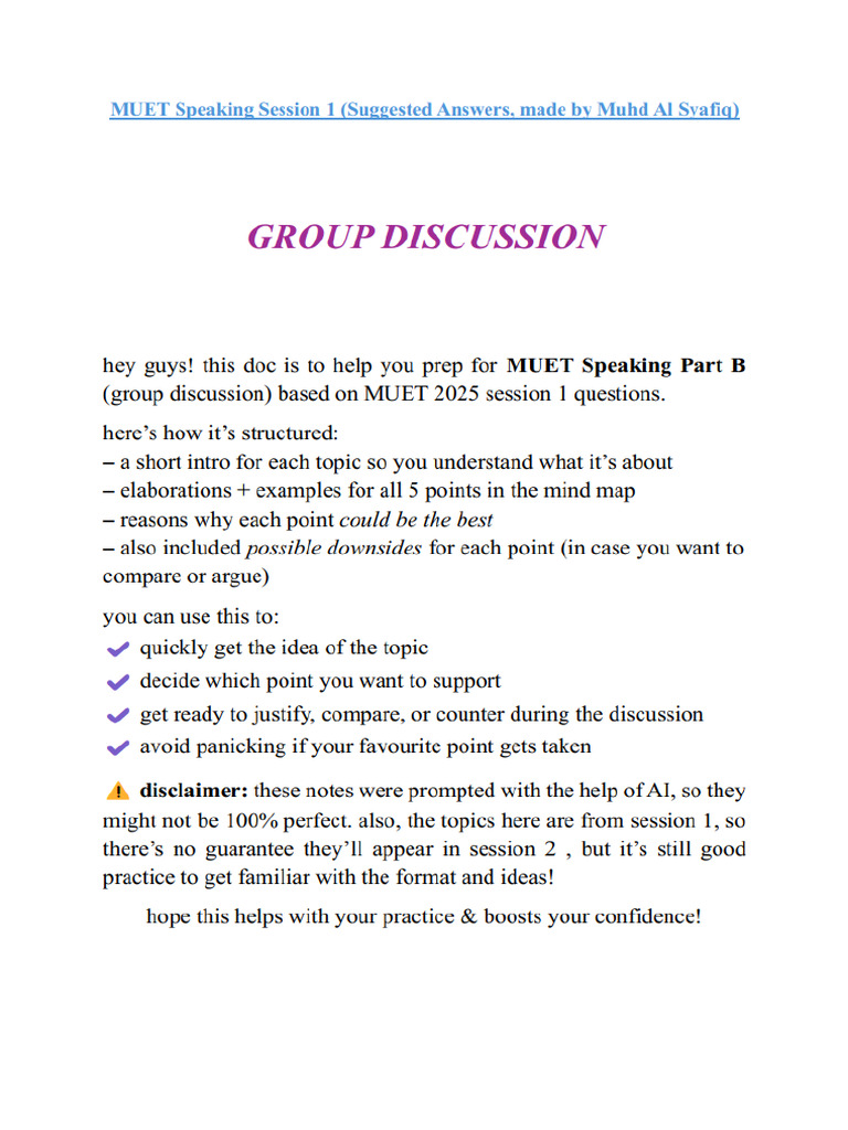 2025 MUET SPEAKING SESSION 1 Suggested Answers for Group Discussion | PDF