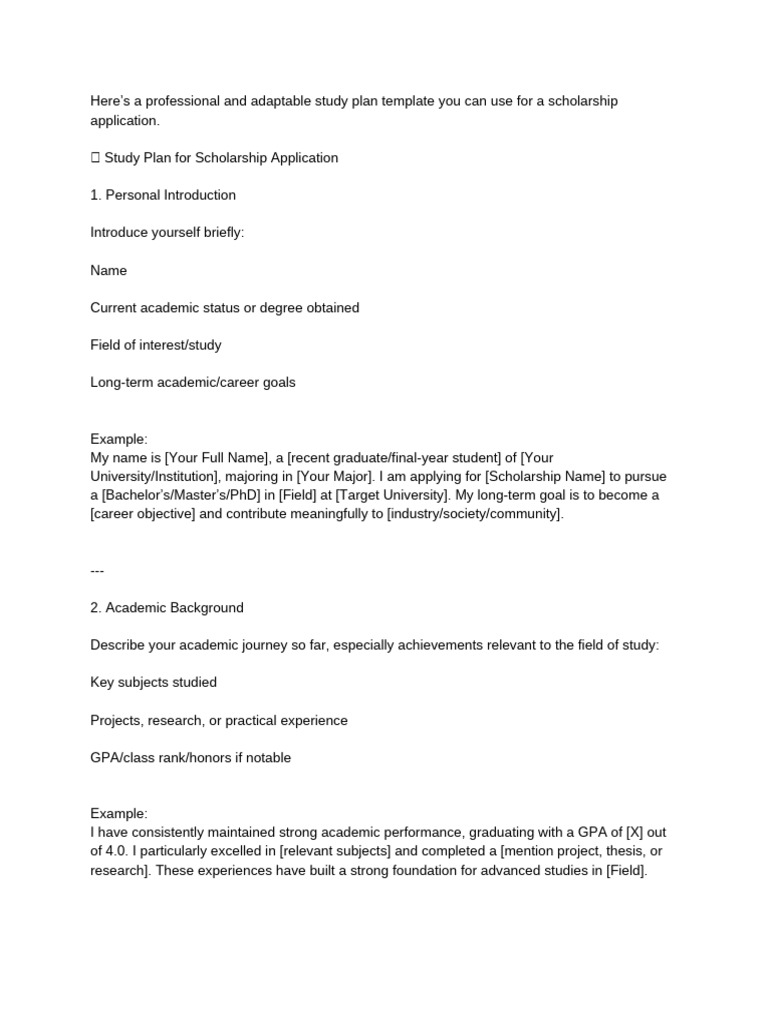 Study Plan Template for Scholarships | PDF | Academic Degree | Academia