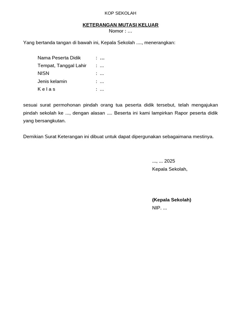 Contoh Format Surat Mutasi Keluar Sekolah | PDF