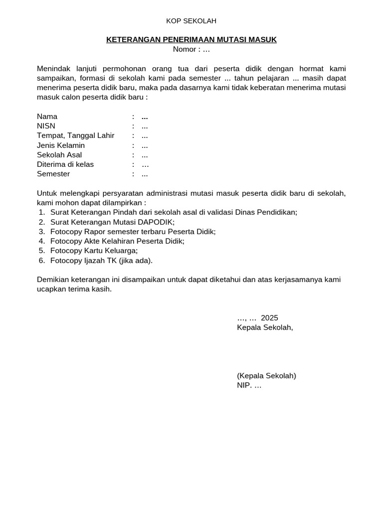 Contoh Format Surat Mutasi Masuk Sekolah | PDF
