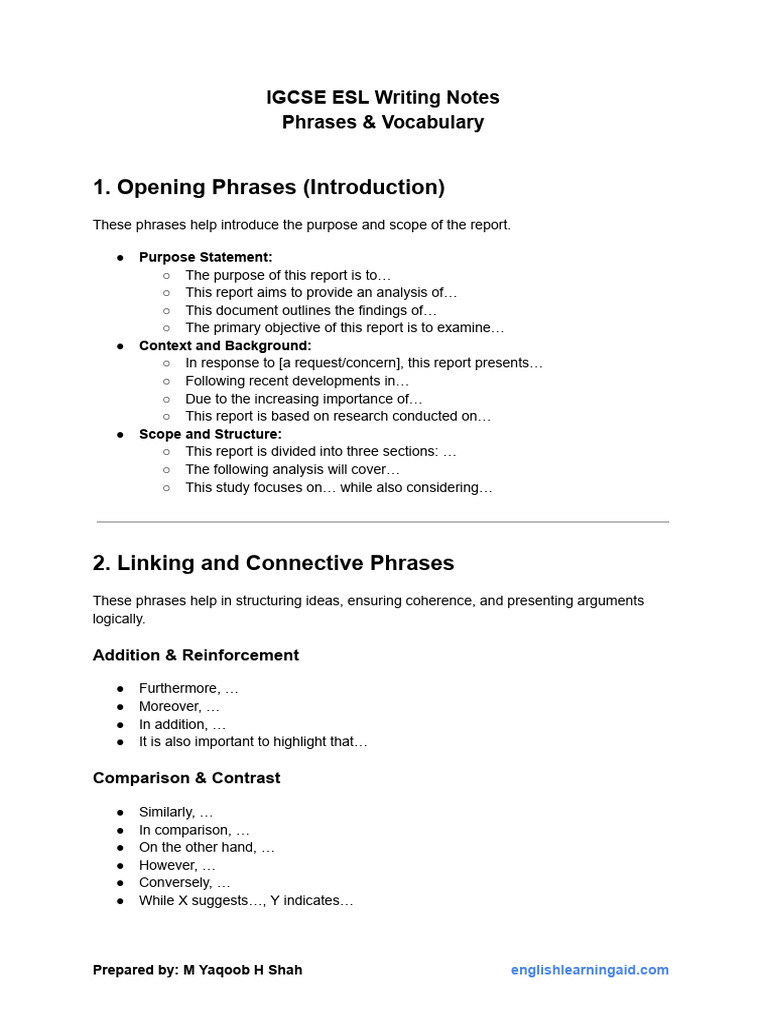 IGCSE ESL Writing Phrases Guide | PDF | Essays | Argument