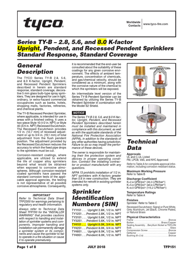 Tyco Ty4151 k8.0 Upright Sprinkler Head PDF | PDF | Fire Sprinkler ...