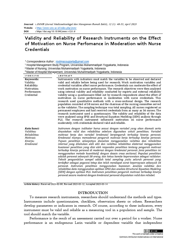 Validity and Reliability of Research Instruments On The Effect of Motivation On Nurse Perfomance ...