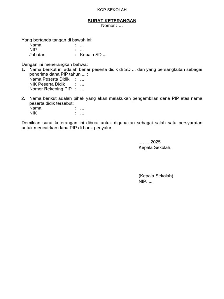 Contoh Format Surat Keterangan Pengambilan PIP | PDF