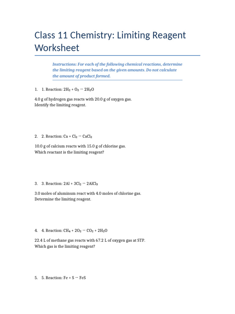 Limiting Reagent Worksheet for Chemistry | PDF