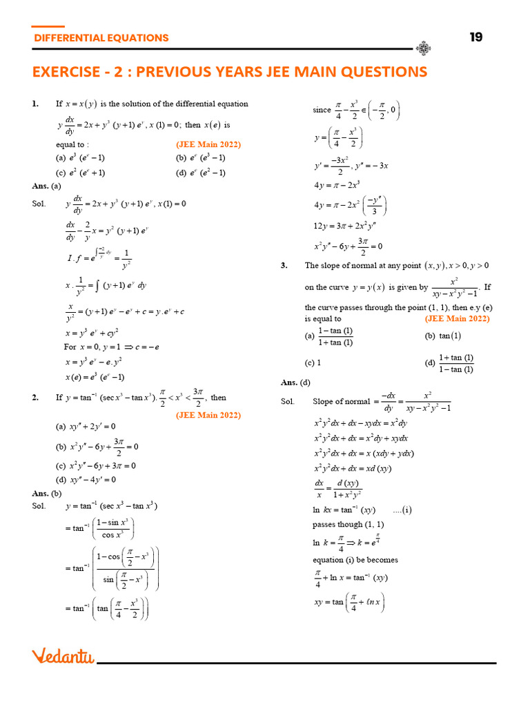 JEE Main Differential Equations Exercises | PDF | Tangent | Slope