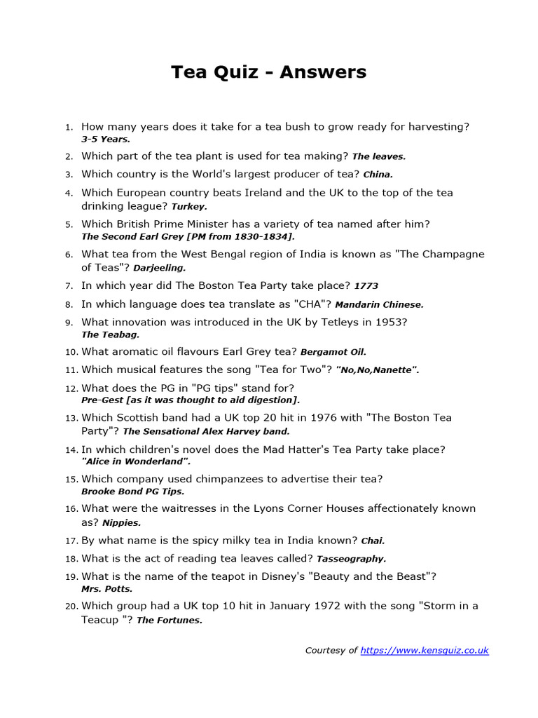 Tea Quiz Answers and Trivia | PDF
