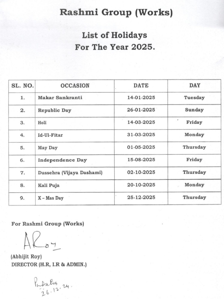 Holiday List 2025 | PDF