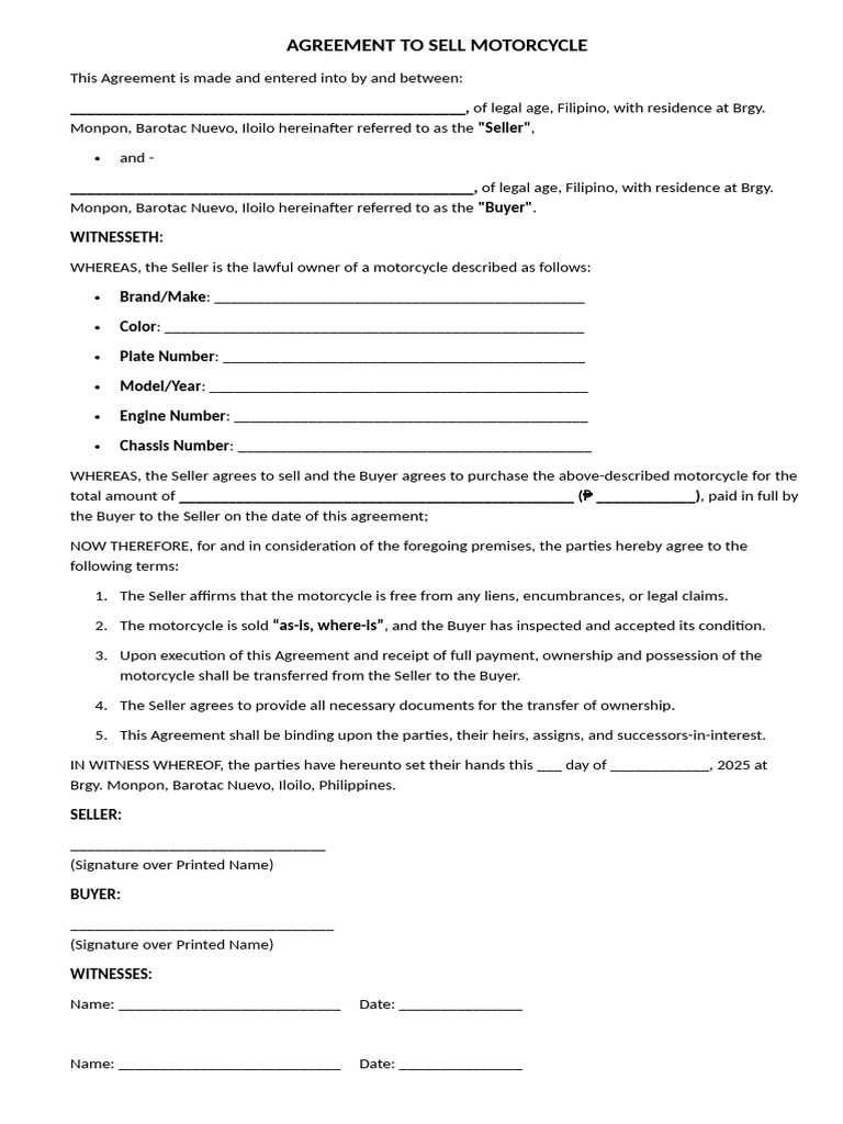 Agreement to Sell Motorcycle | PDF
