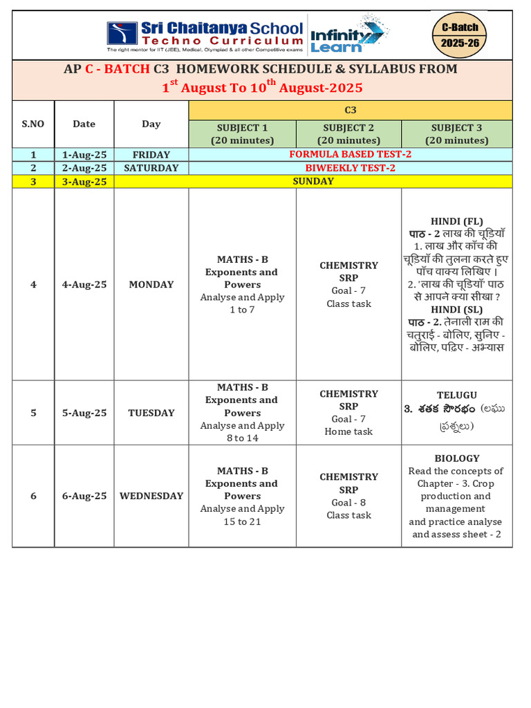 AP C - Batch c3 Homework Schedule (1st Aug To 10th Aug) | PDF