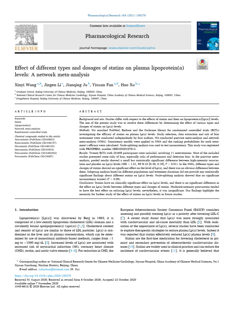 Statins and Lipoprotein(a) Levels: Meta-Analysis | PDF | Low Density ...