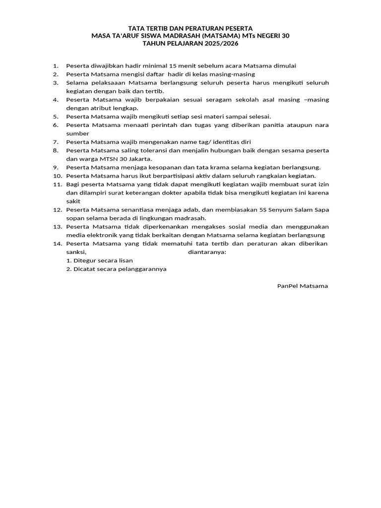 Tata Tertib Dan Peraturan Peserta Matsama 2526 | PDF