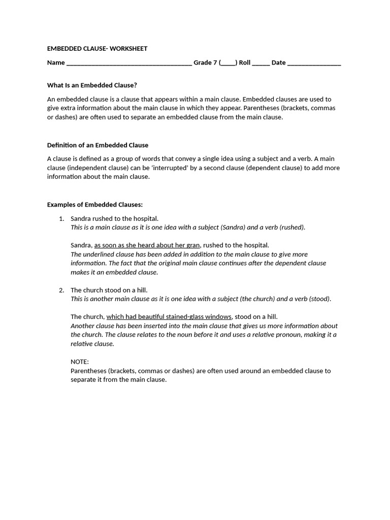 Embedded Clause Grade 722 | PDF | Clause | Pronoun