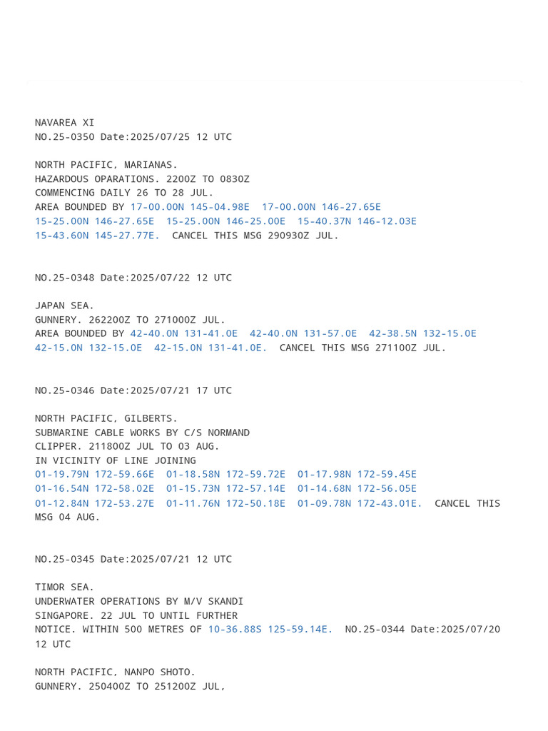 NAVAREA XI Warnings Summary 2025 | PDF | Volcano | Water Transport